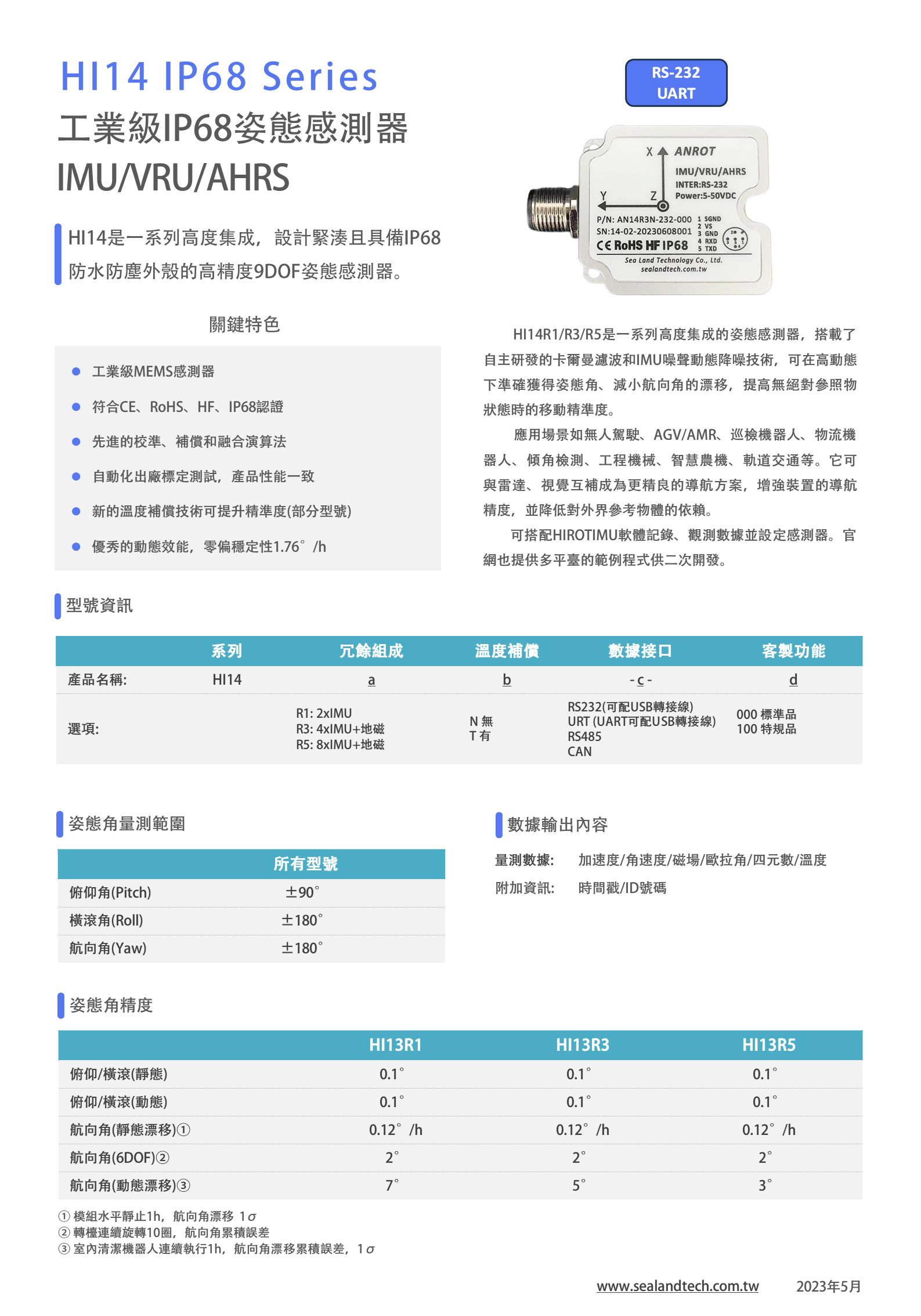 HI14 IP68 9軸工業級 IMU/VRU/AHRS | 矽林科技